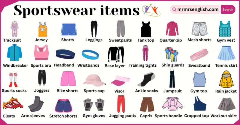 Sportswear Items Names in English with Their Pictures - MR MRS ENGLISH
