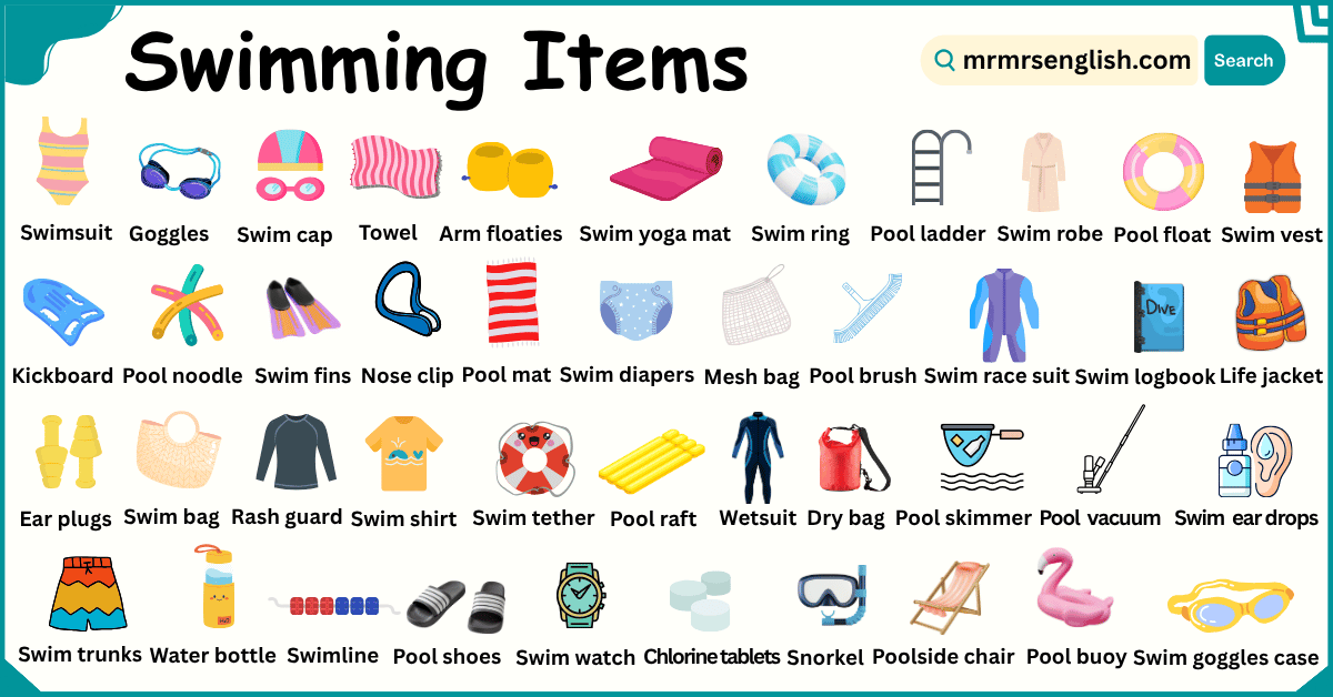 Swimming Items Names in English with Their Pictures - MR MRS ENGLISH