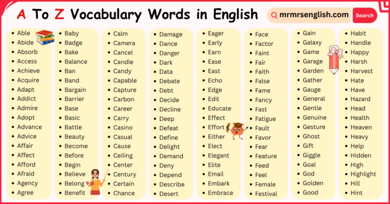 500 A To Z Vocabulary Words for Kids in English with Their Pictures ...