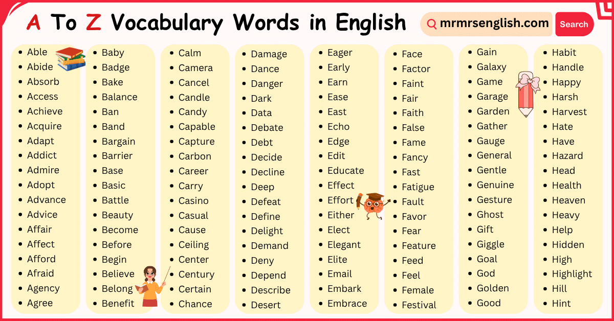 500 A To Z Vocabulary Words for Kids in English with Their Pictures ...