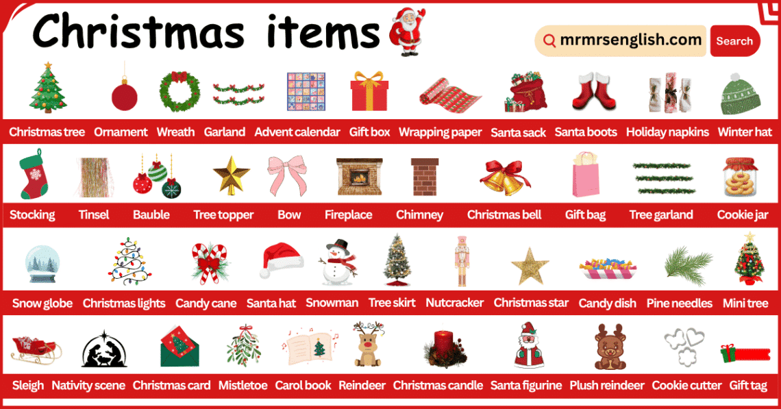 Christmas Items Names in English with Their Pictures - MR MRS ENGLISH