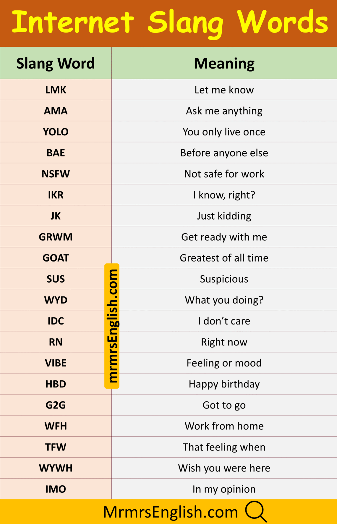 100 Internet Slang Words with meanings and Pictures - MR MRS ENGLISH