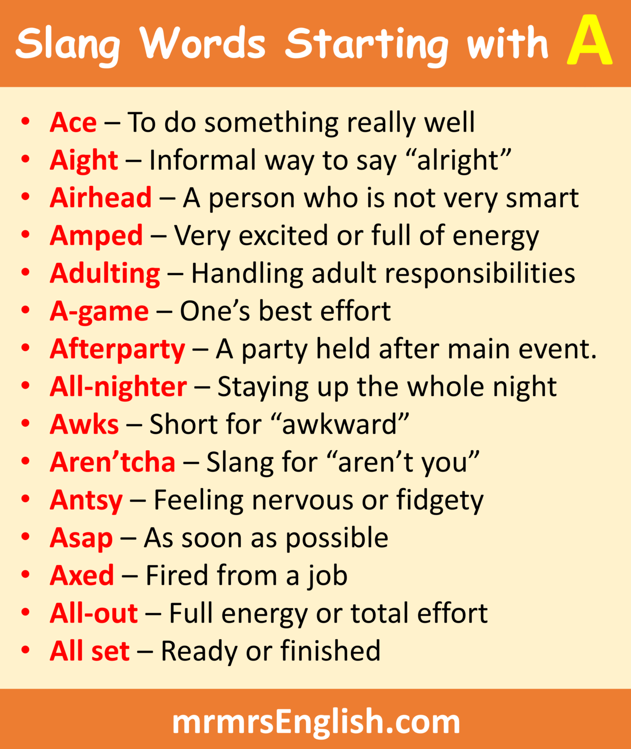 A to Z Slang Words with meanings in English with Pictures - MR MRS ENGLISH