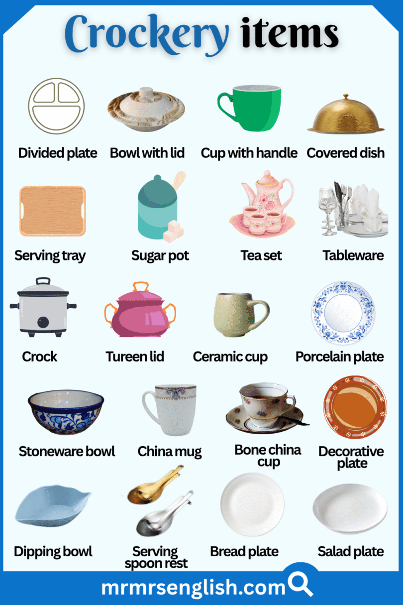 Crockery Items Names in English with Their Pictures - MR MRS ENGLISH
