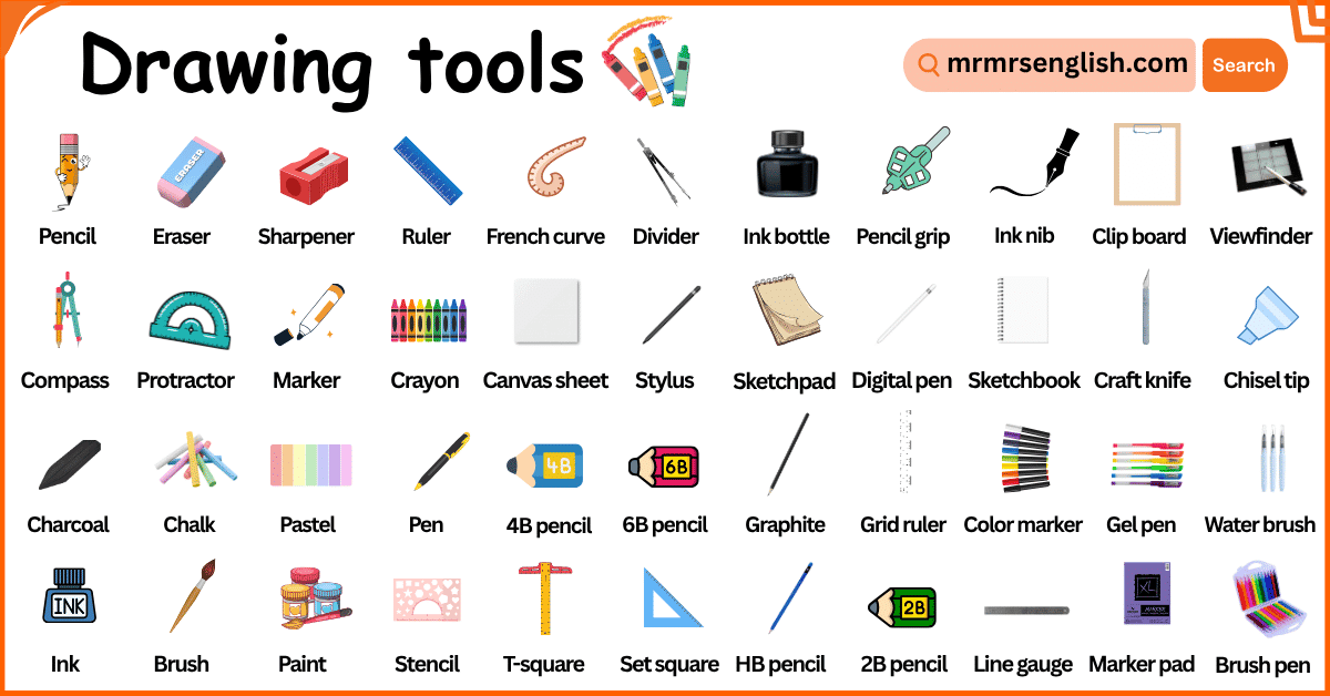 Drawing Tools Names in English with Their Pictures - MR MRS ENGLISH