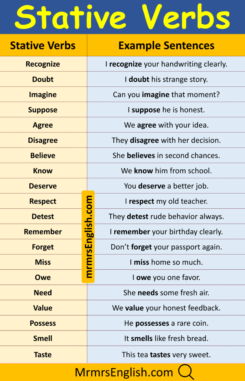 100 Stative Verbs Examples Sentences in English with Pictures - MR MRS ...