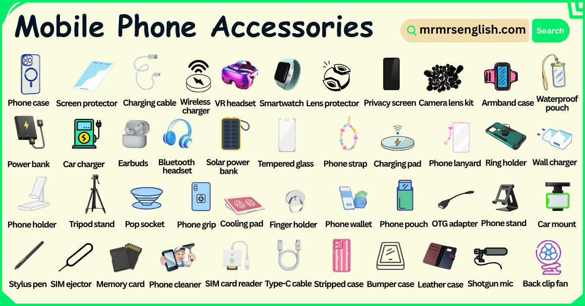 Mobile Phone Accessories in English with their Pictures - MR MRS ENGLISH