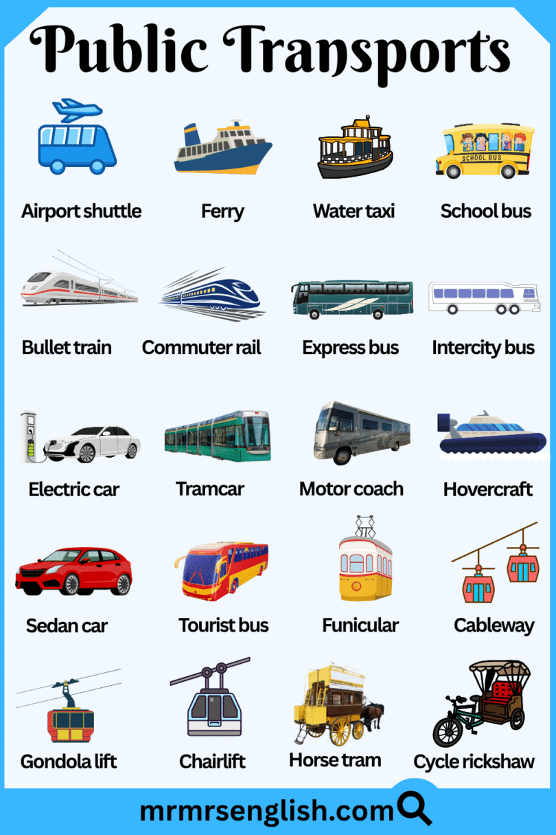 Public Transports Names in English with Their Pictures - MR MRS ENGLISH