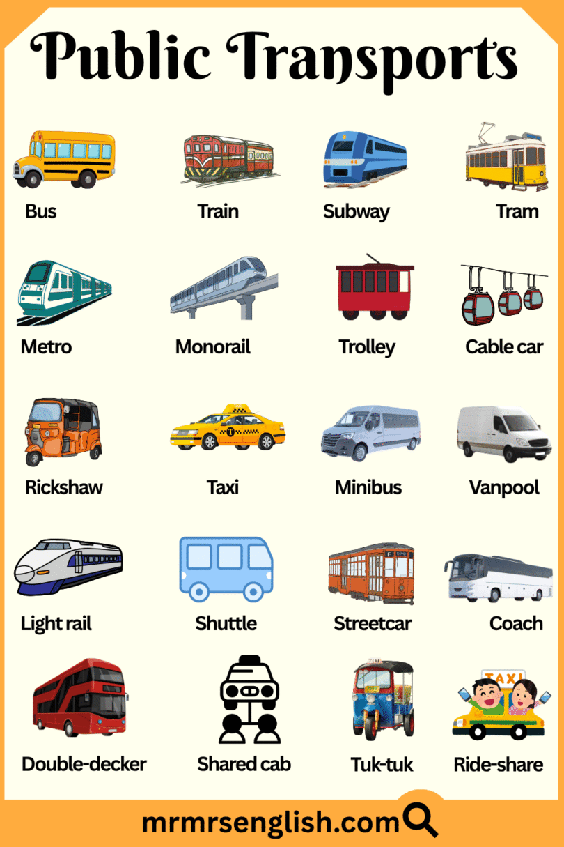Public Transports Names in English with Their Pictures - MR MRS ENGLISH