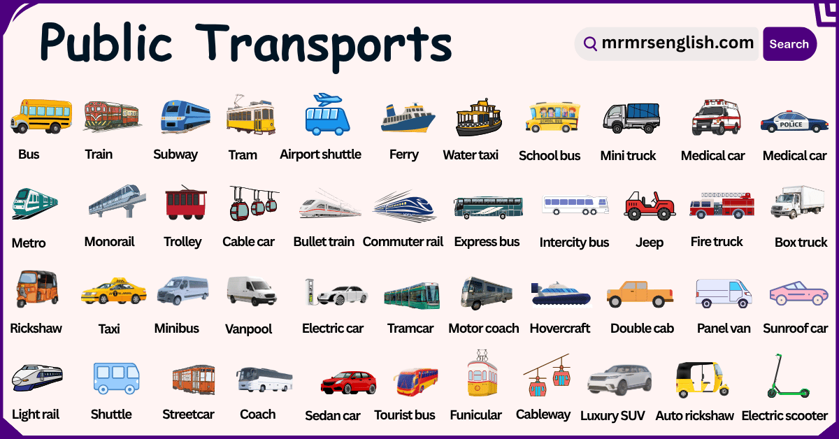 Public Transports Names in English with Their Pictures - MR MRS ENGLISH