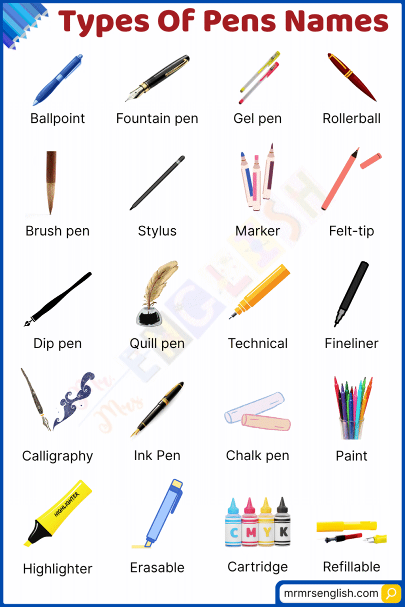 Types of Pens Names in English with their Pictures - MR MRS ENGLISH