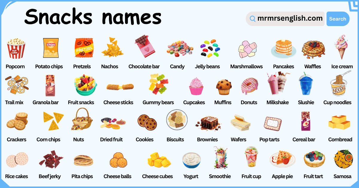 Types of Snacks Names in English with Their Pictures - MR MRS ENGLISH