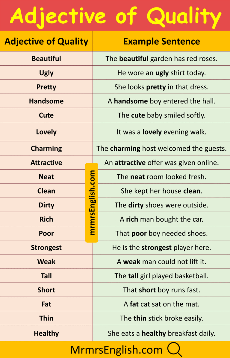 Adjective of Quality Examples Sentences in English with Pictures - MR ...