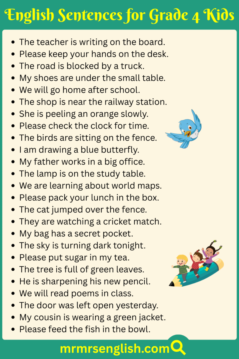 200 English Sentences for Grade 4 Kids with Their Pictures - MR MRS ENGLISH