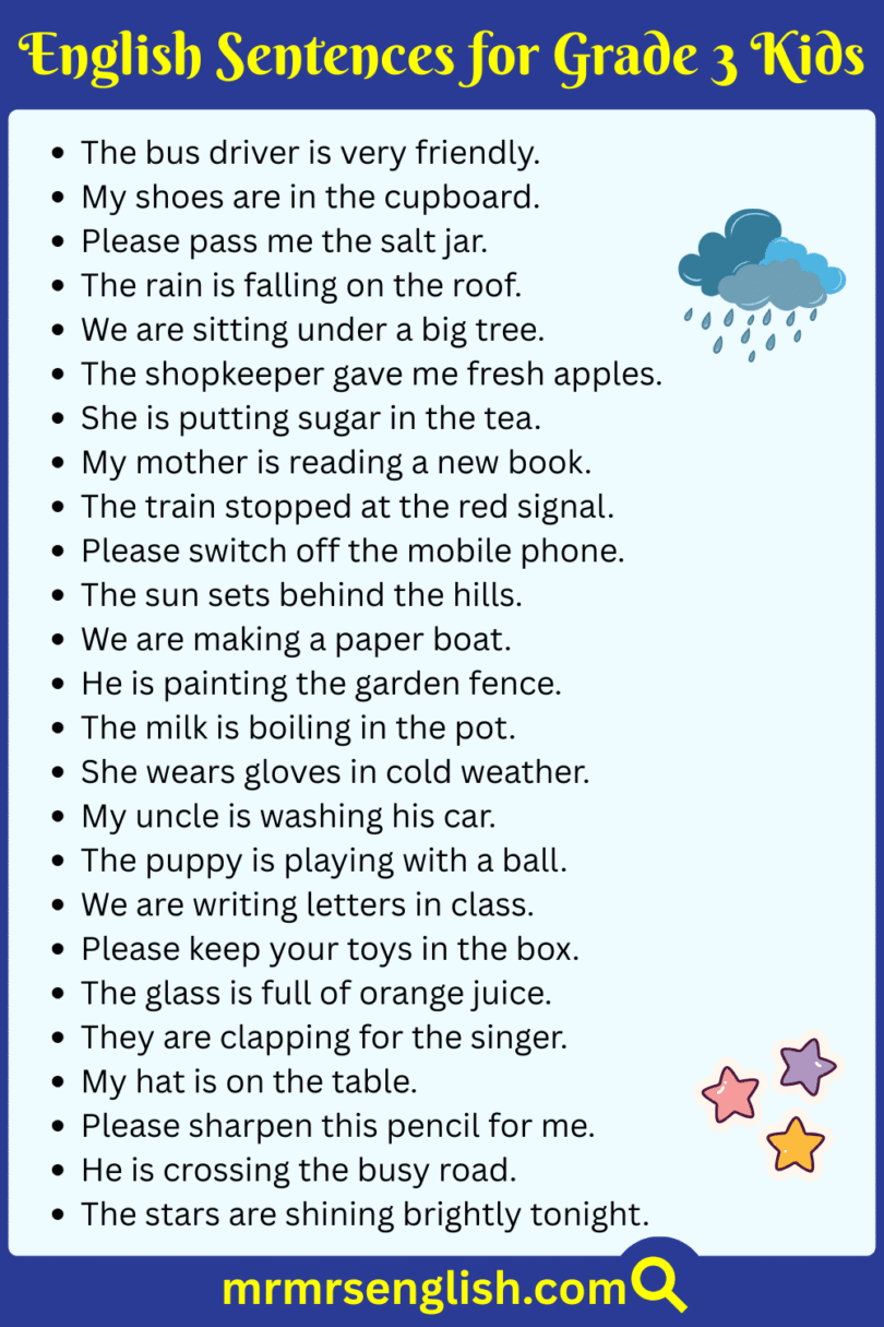 100 English Sentences for Grade 3 with Their Pictures - MR MRS ENGLISH