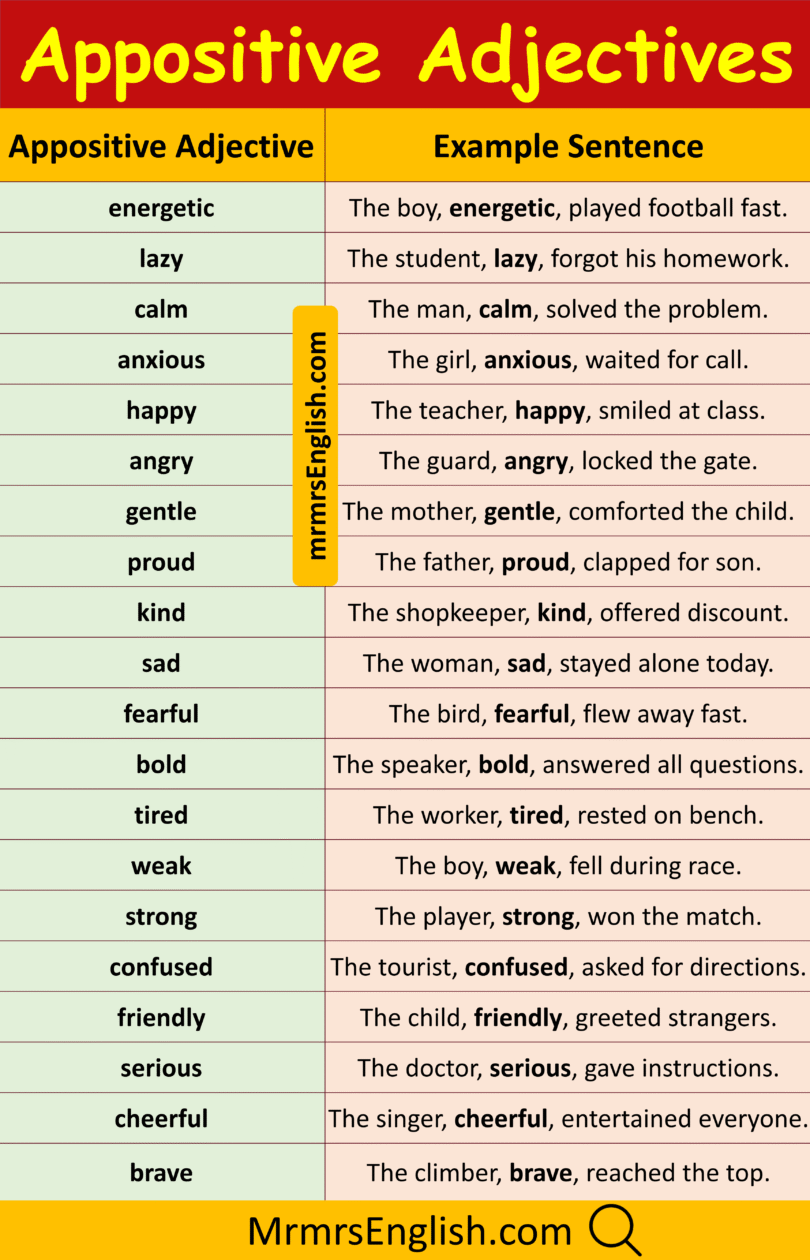 Appositive Adjectives Examples Sentences in English with Pictures - MR ...