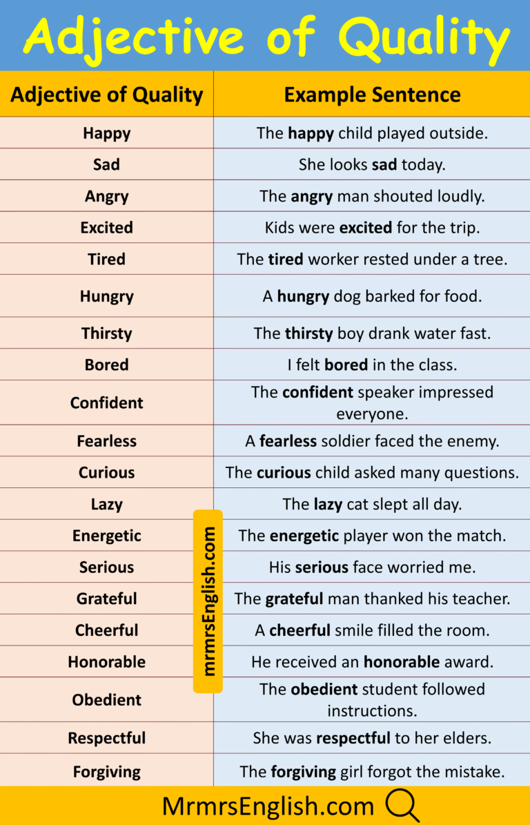 Adjective of Quality Examples Sentences in English with Pictures - MR ...
