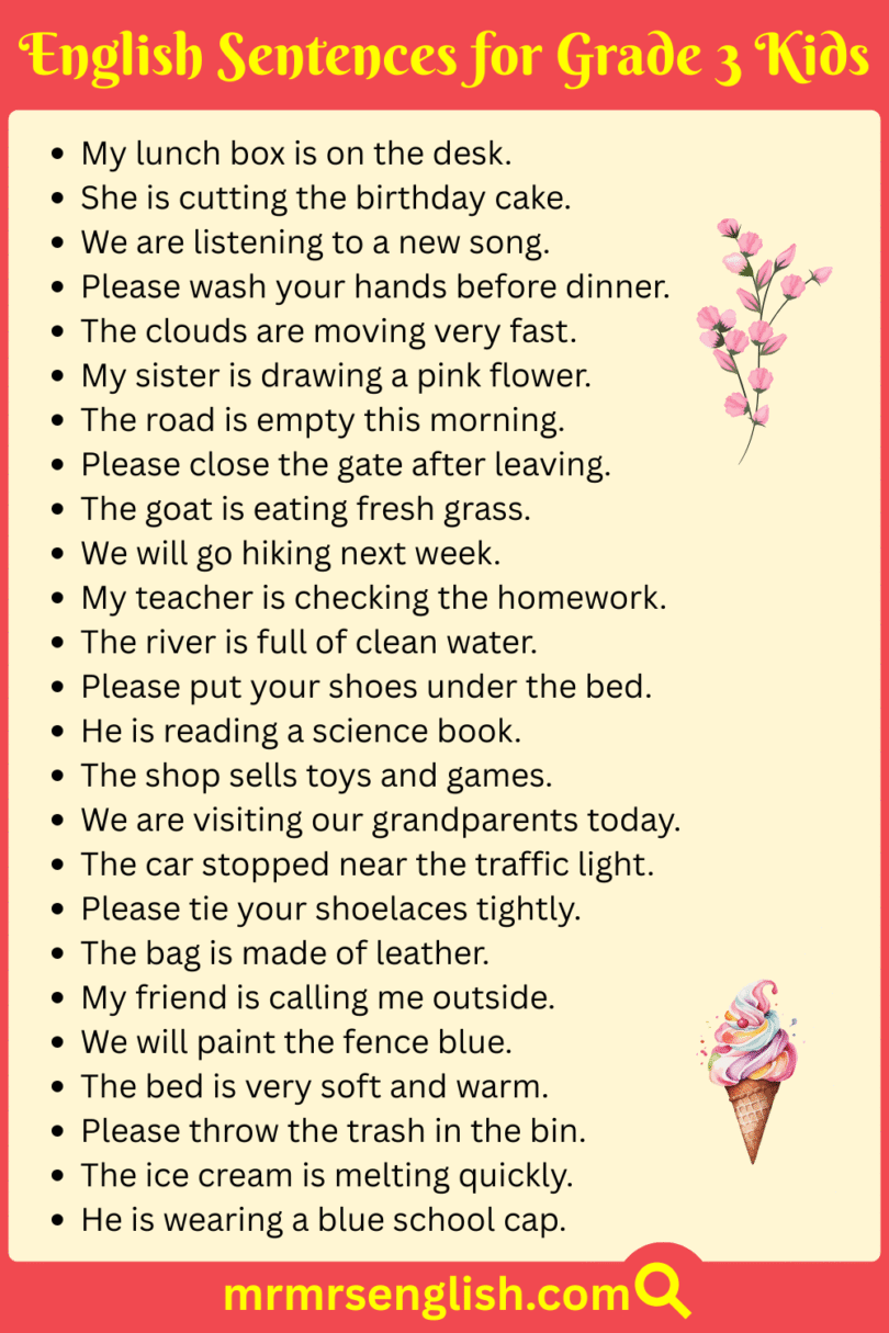 100 English Sentences for Grade 3 with Their Pictures - MR MRS ENGLISH