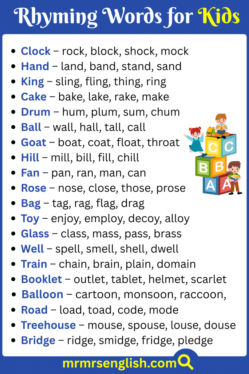 500 Rhyming words for Kids in English with Pictures - MR MRS ENGLISH