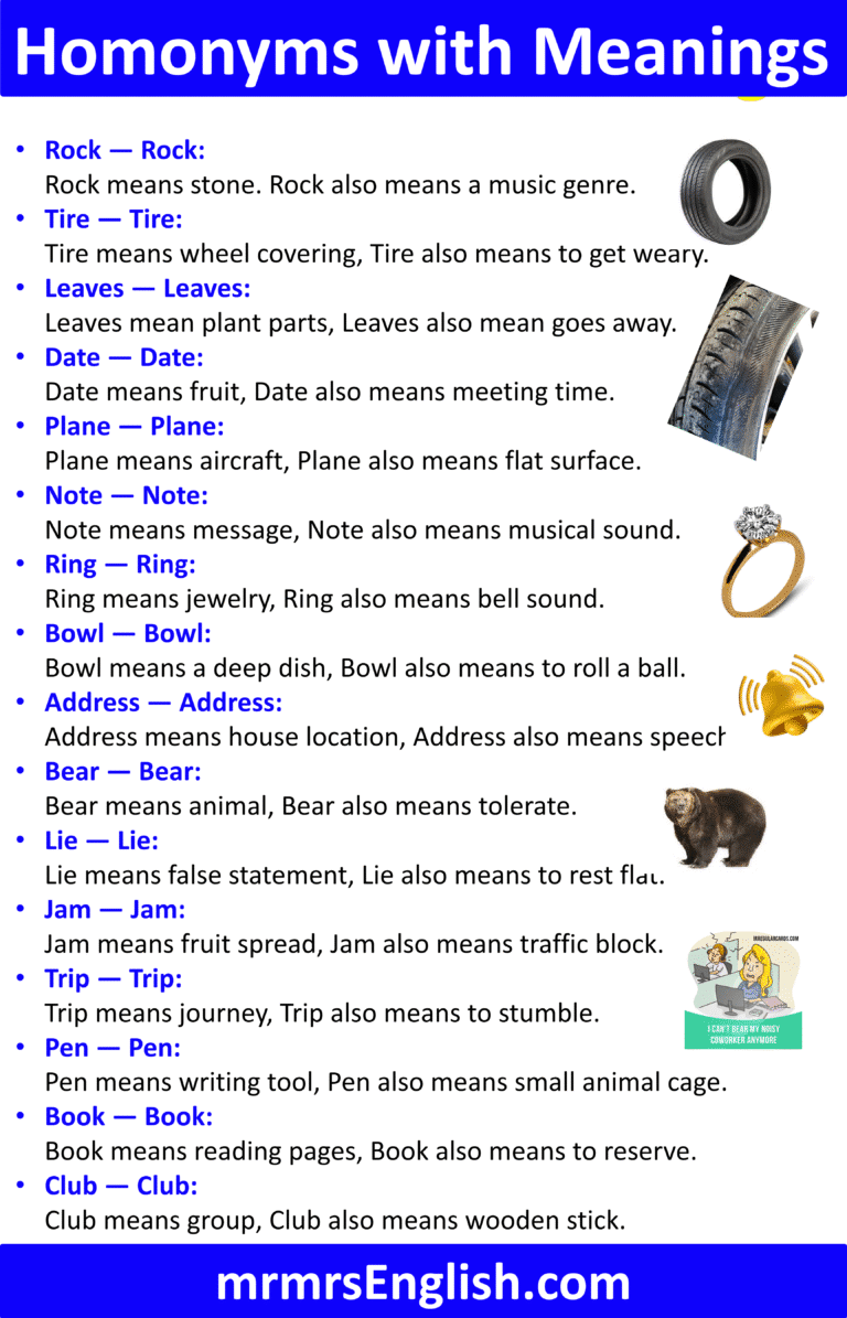 100 Homonyms and their Meanings in English with Pictures - MR MRS ENGLISH
