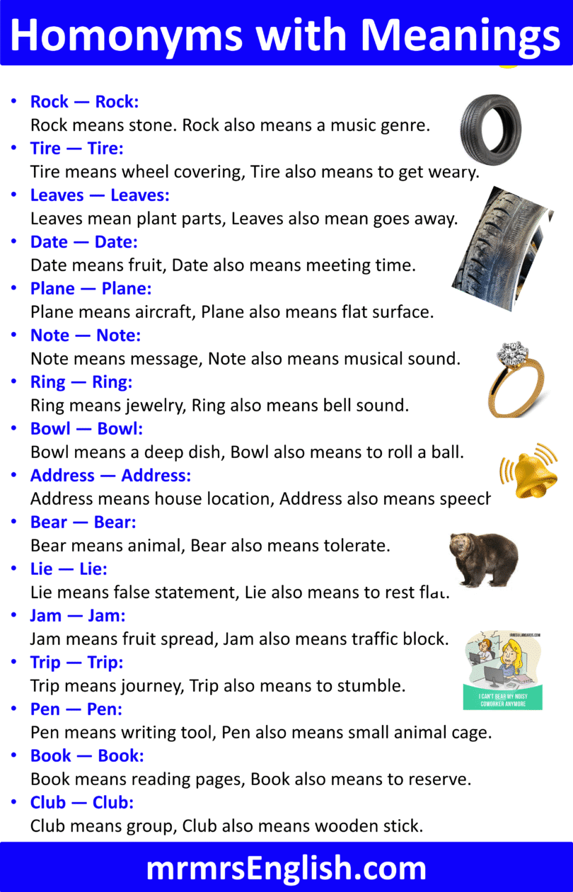 100 Homonyms and their Meanings in English with Pictures - MR MRS ENGLISH