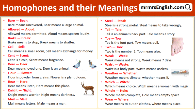 100 Homophones with Their Meanings in English with Pictures - MR MRS ...
