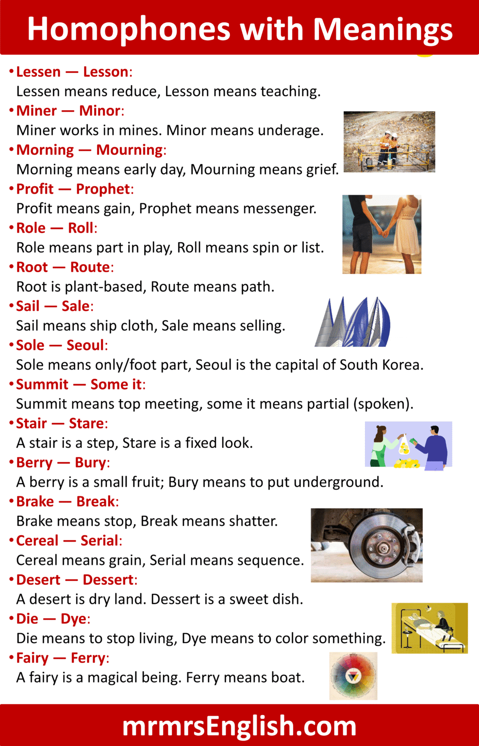 100 Homophones with Their Meanings in English with Pictures - MR MRS ...