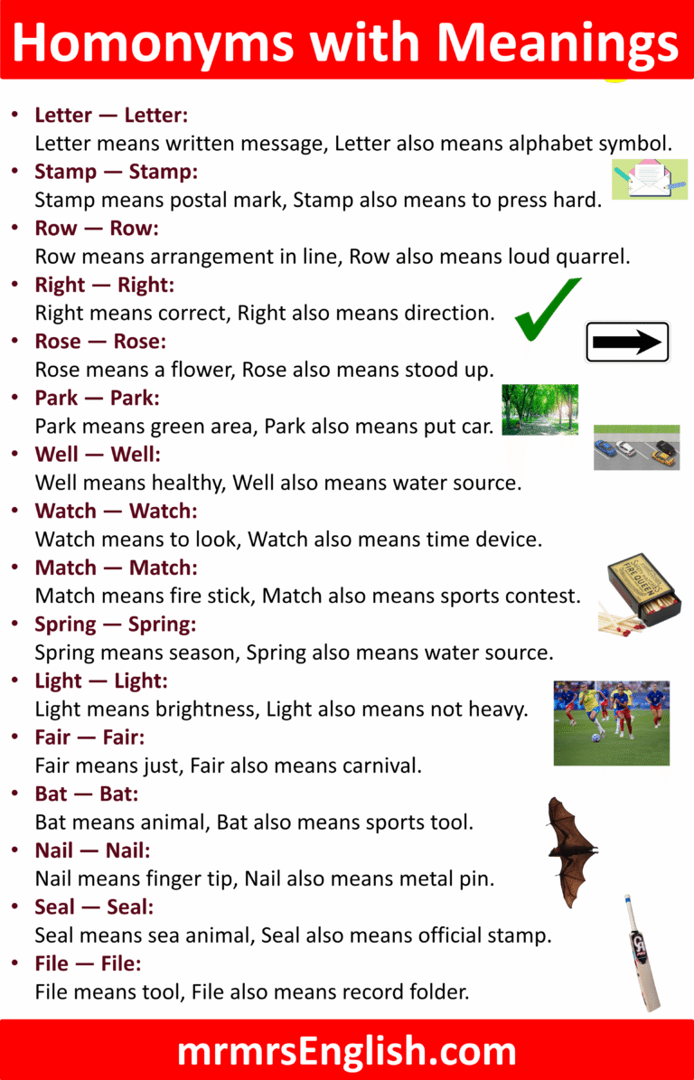 100 Homonyms and their Meanings in English with Pictures - MR MRS ENGLISH