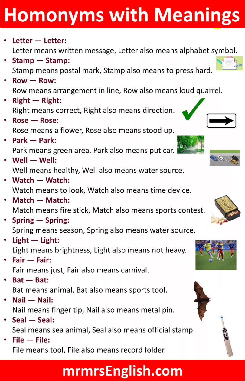 100 Homonyms and their Meanings in English with Pictures - MR MRS ENGLISH