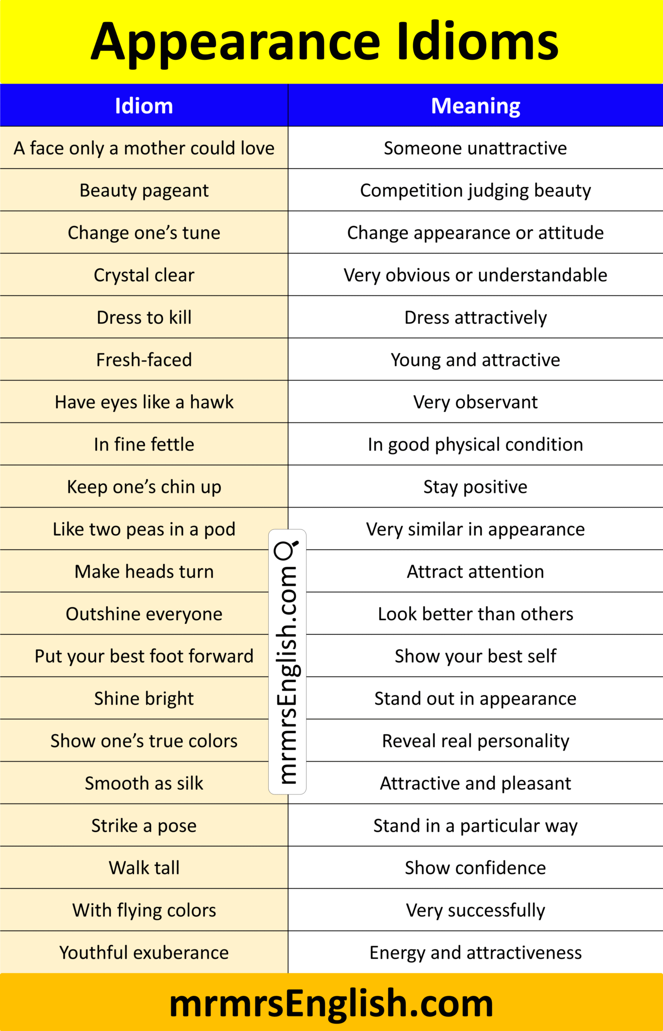 Appearance Idioms in English with their Meanings and Pictures - MR MRS ...