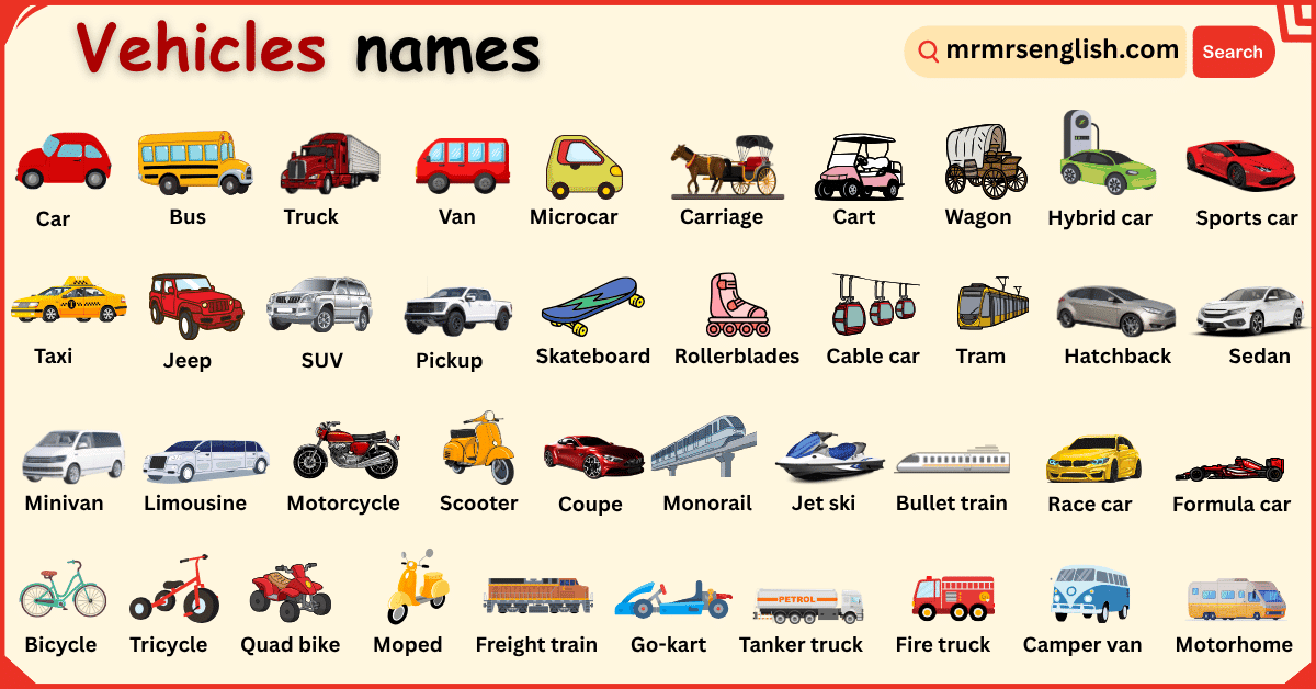 Transportation Vehicles Names in English with their Pictures - MR MRS ...