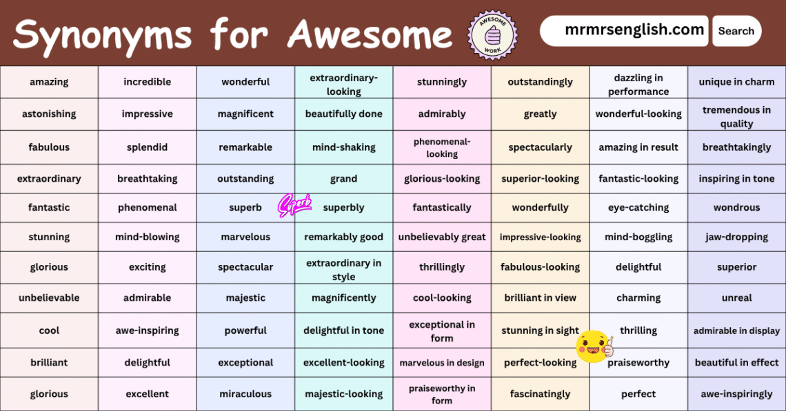 100 Synonyms for Awesome in English with their Pictures - MR MRS ENGLISH
