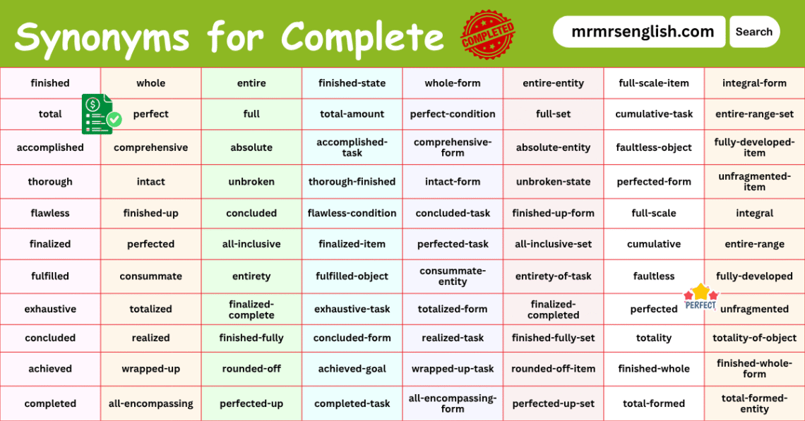 100 Synonyms for Complete in English with their Pictures - MR MRS ENGLISH