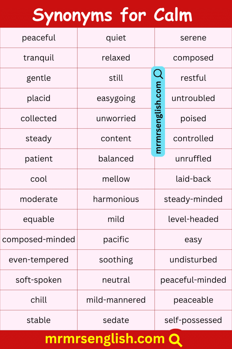 100 Synonyms for Calm in English with their Pictures - MR MRS ENGLISH
