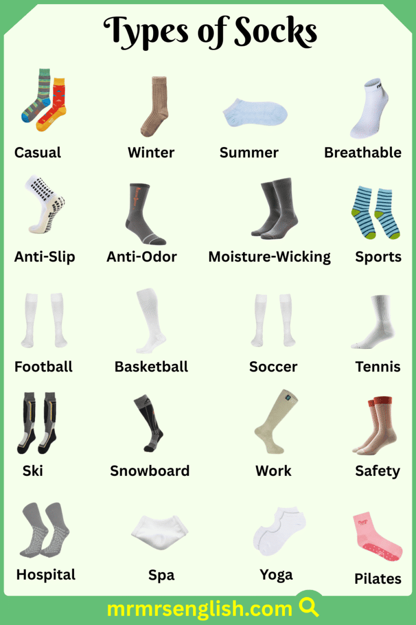 Types of Socks Names in English with their Pictures - MR MRS ENGLISH