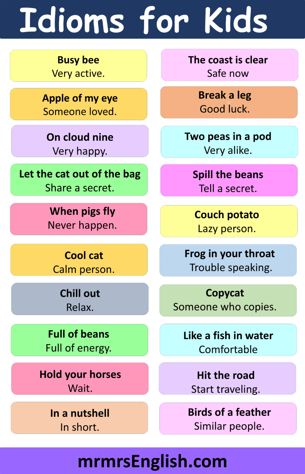 100 Idioms for Kids with Meaning in English with Pictures - MR MRS ENGLISH