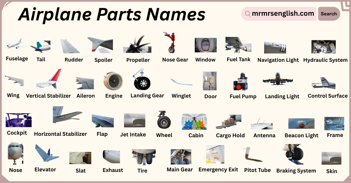 Airplane Parts Names in English with Their Pictures - MR MRS ENGLISH