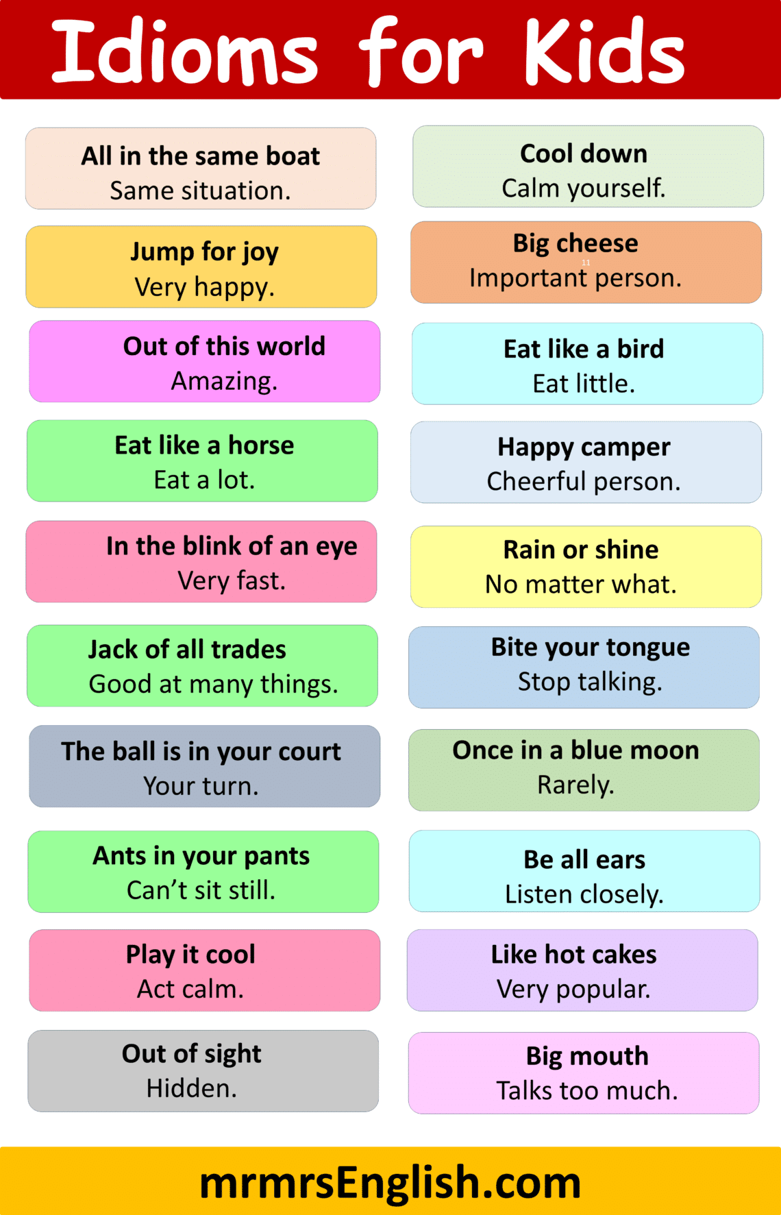 100 Idioms for Kids with Meaning in English with Pictures - MR MRS ENGLISH