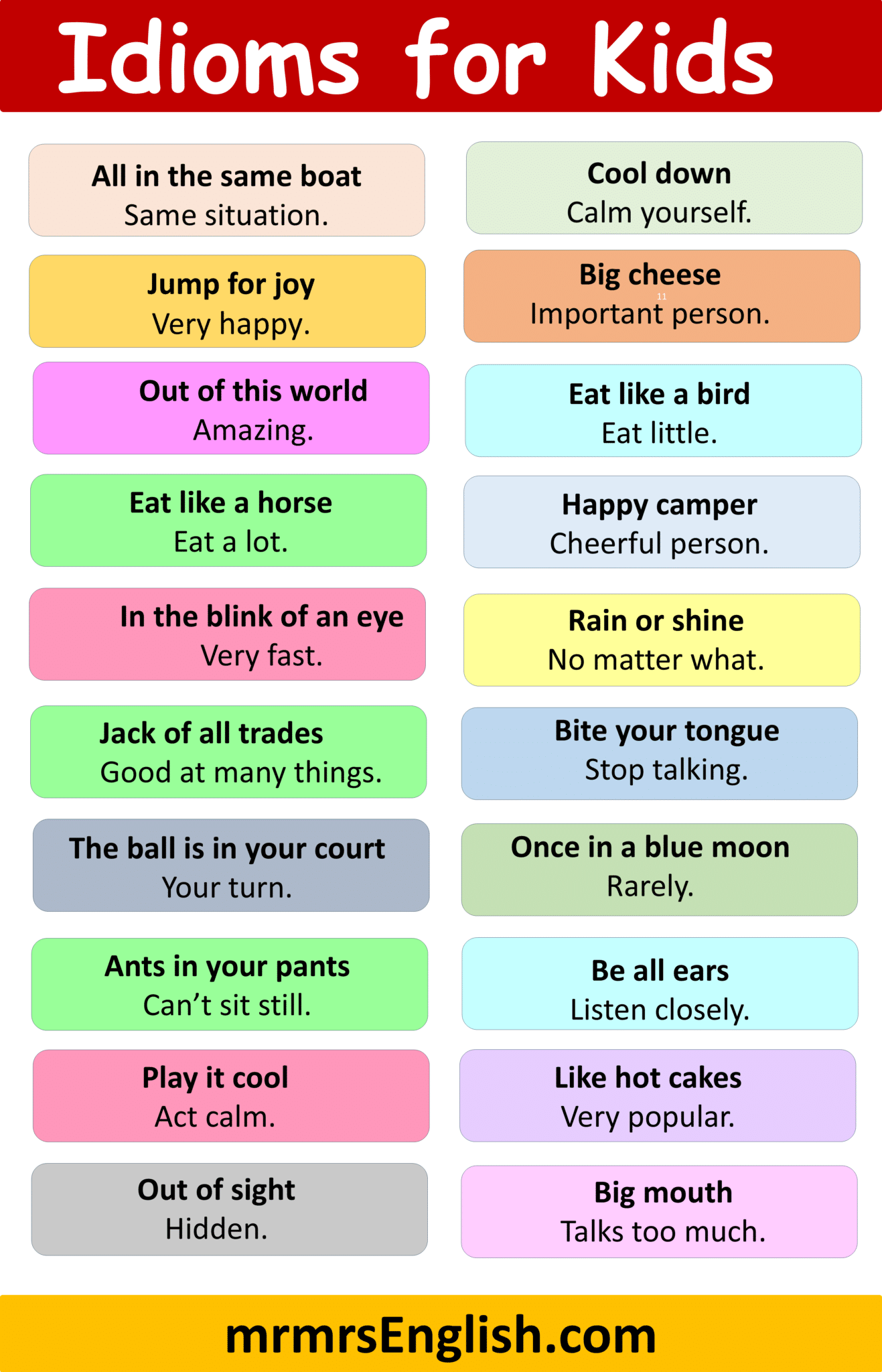 100 Idioms for Kids with Meaning in English with Pictures - MR MRS ENGLISH