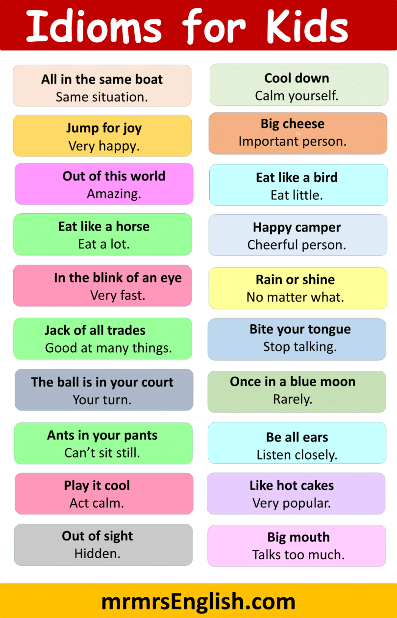 100 Idioms for Kids with Meaning in English with Pictures - MR MRS ENGLISH