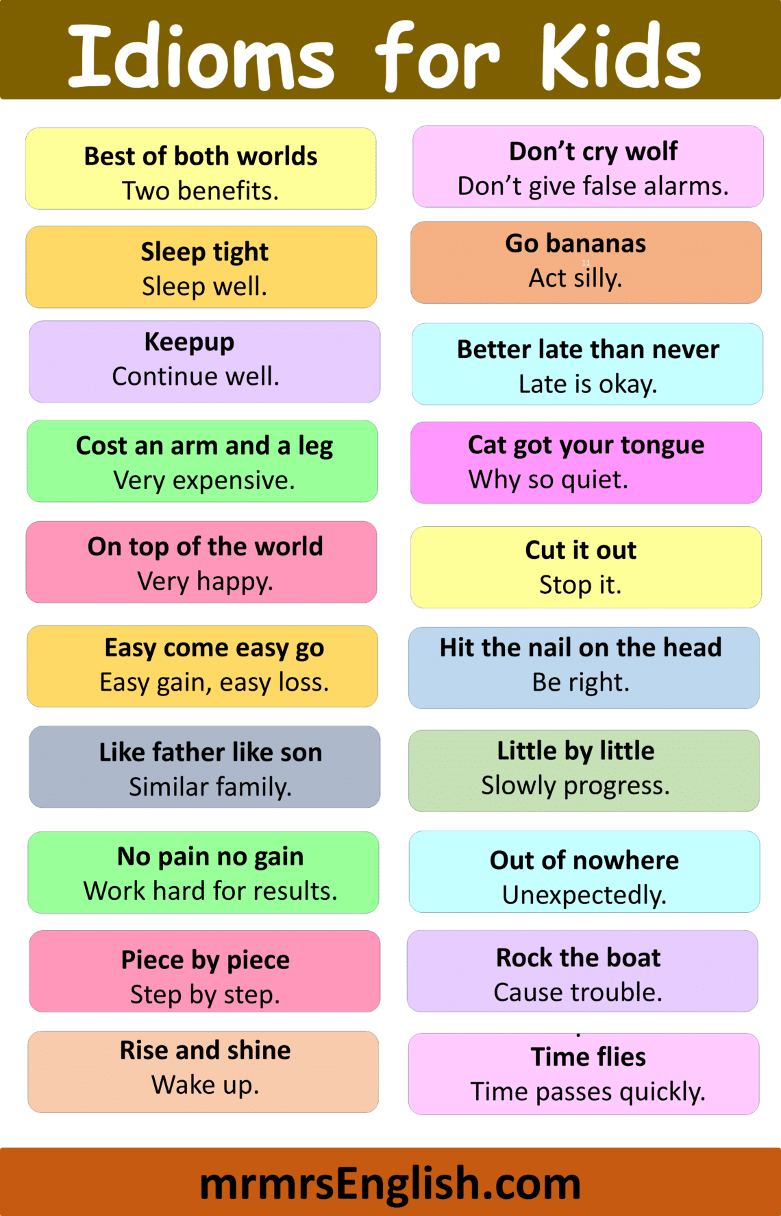 100 Idioms for Kids with Meaning in English with Pictures - MR MRS ENGLISH