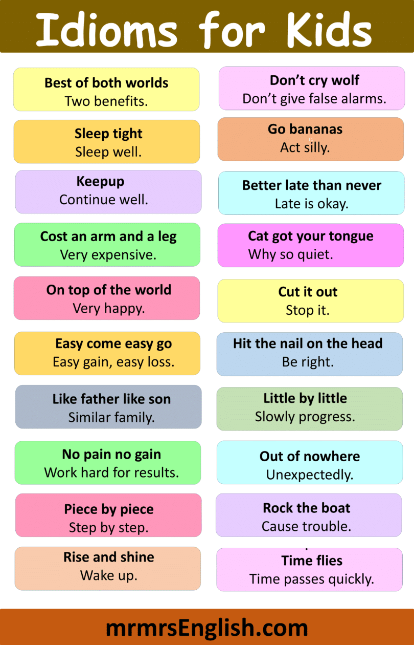 100 Idioms for Kids with Meaning in English with Pictures - MR MRS ENGLISH