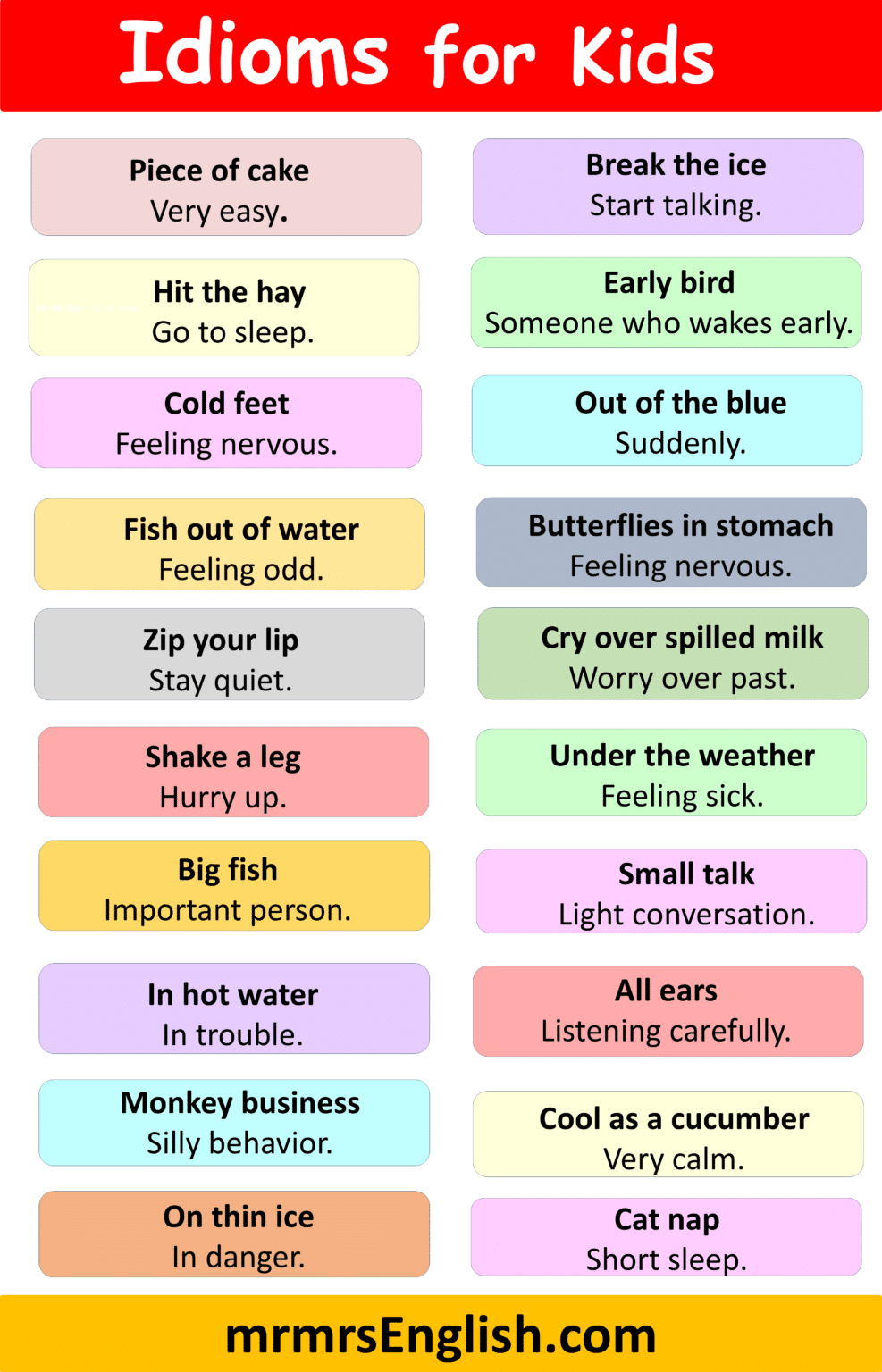 100 Idioms for Kids with Meaning in English with Pictures - MR MRS ENGLISH
