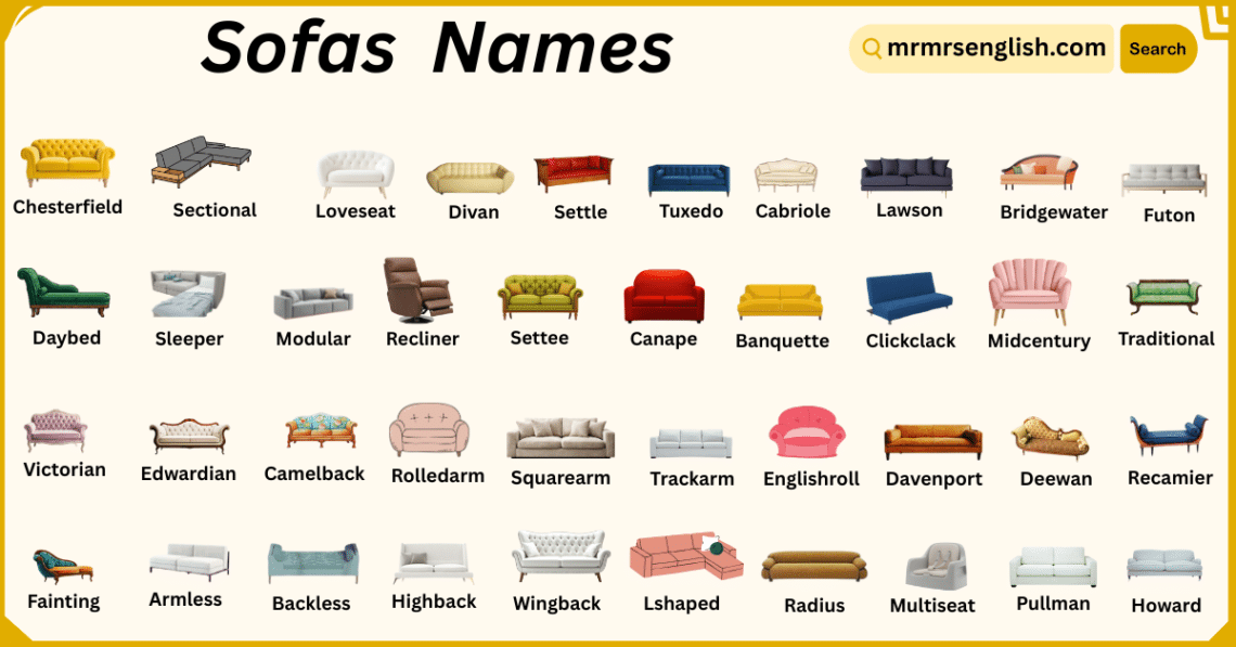 Types of Sofas Names in English with Their Pictures - MR MRS ENGLISH