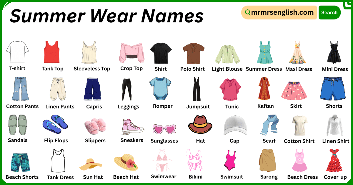 Summer Wear Names in English with Their Pictures - MR MRS ENGLISH