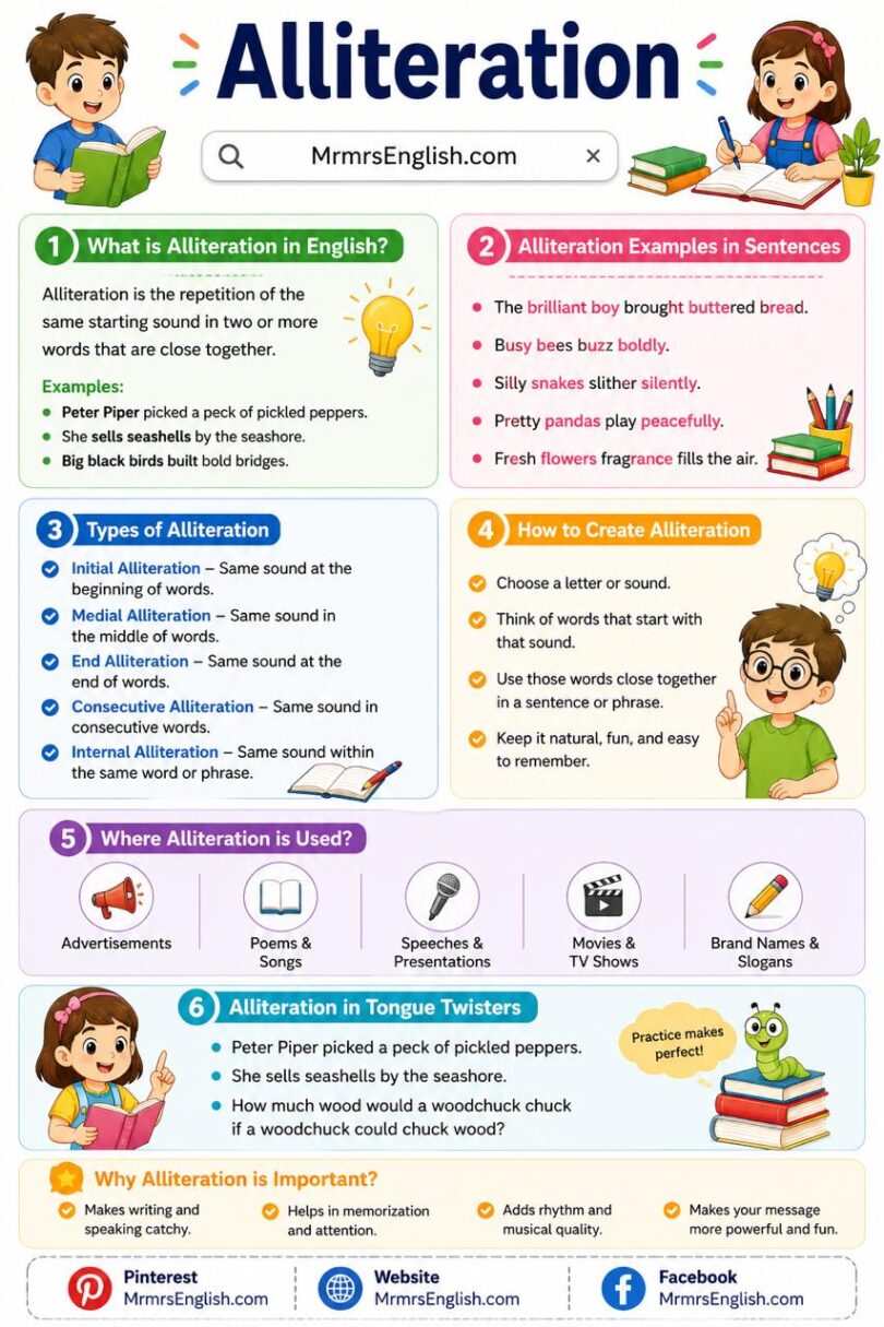 Alliteration meaning in English with Examples and Picture - MR MRS ENGLISH